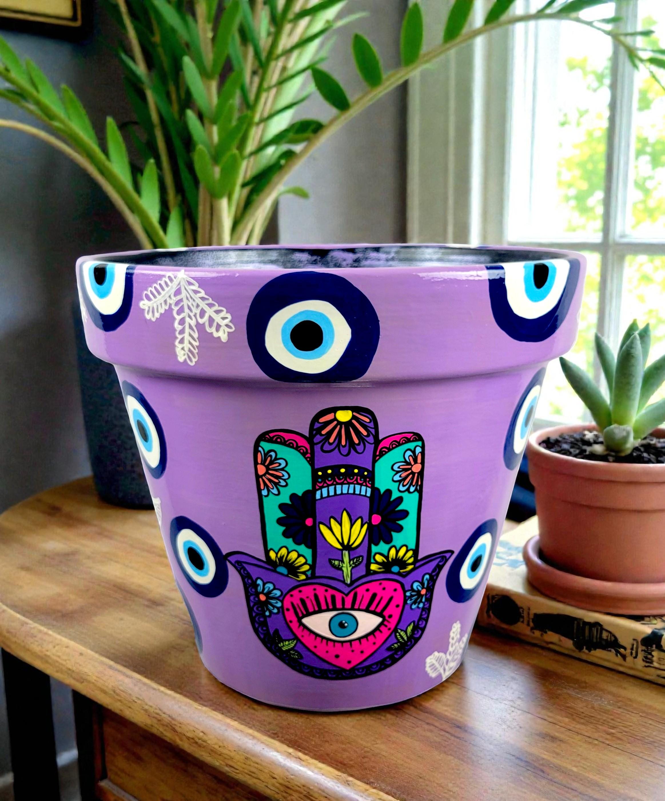 Hand-painted Evil Eye Terracotta Planter – Hamsa Hand Planter – Purple ...