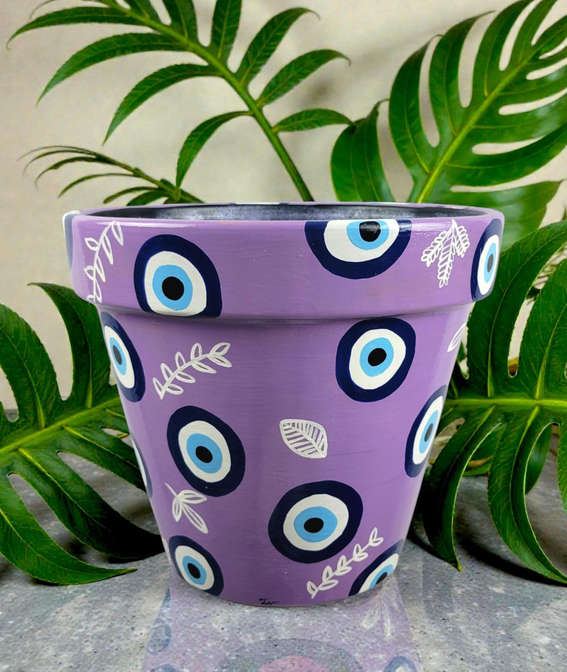 Hand-painted Evil Eye Terracotta Planter – Hamsa Hand Planter – Purple ...