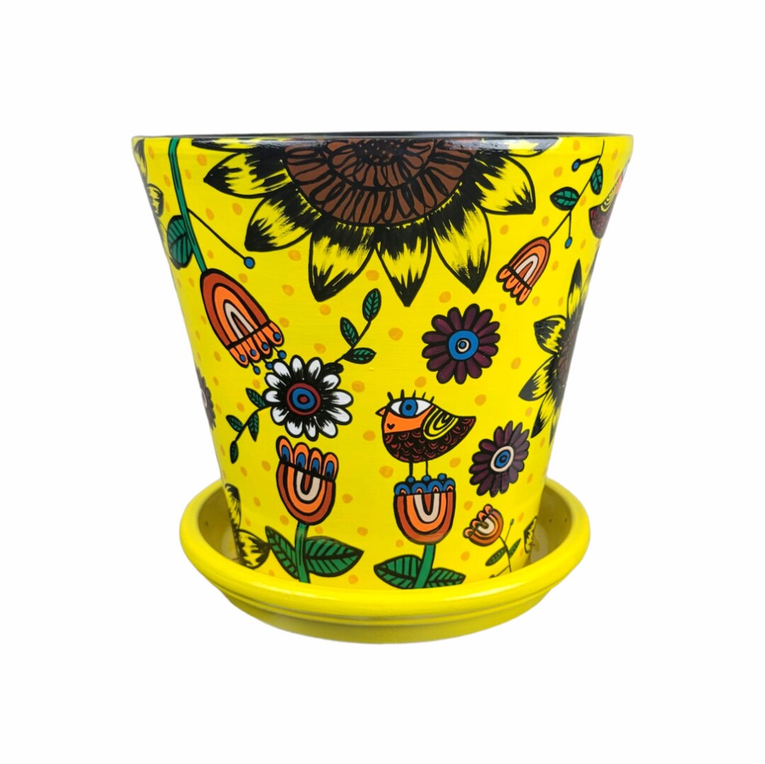Yellow Sunflower Plant Pot. Birds Planter. Fantasy Flower Pot. "dia De ...