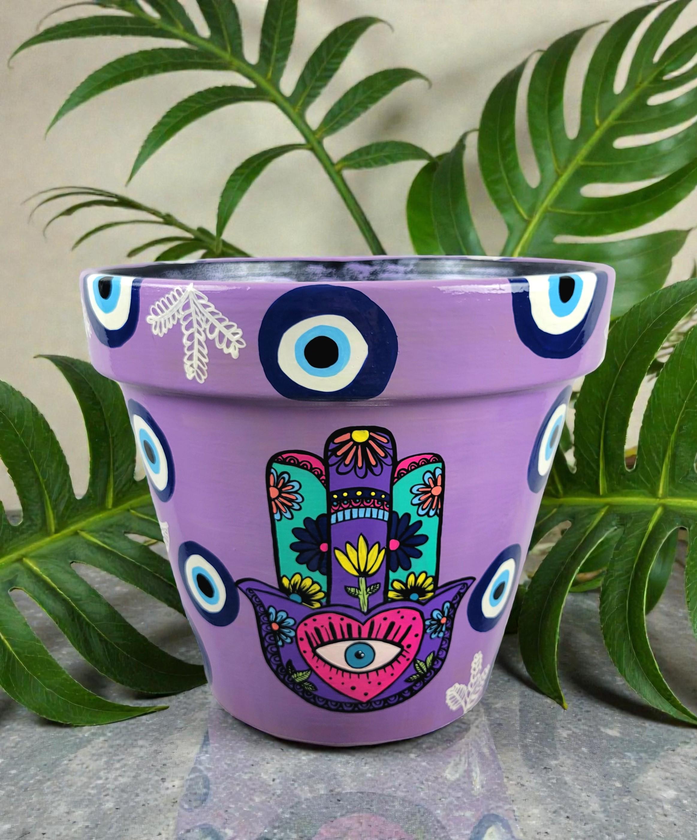 Hand-painted Evil Eye Terracotta Planter – Hamsa Hand Planter – Purple ...