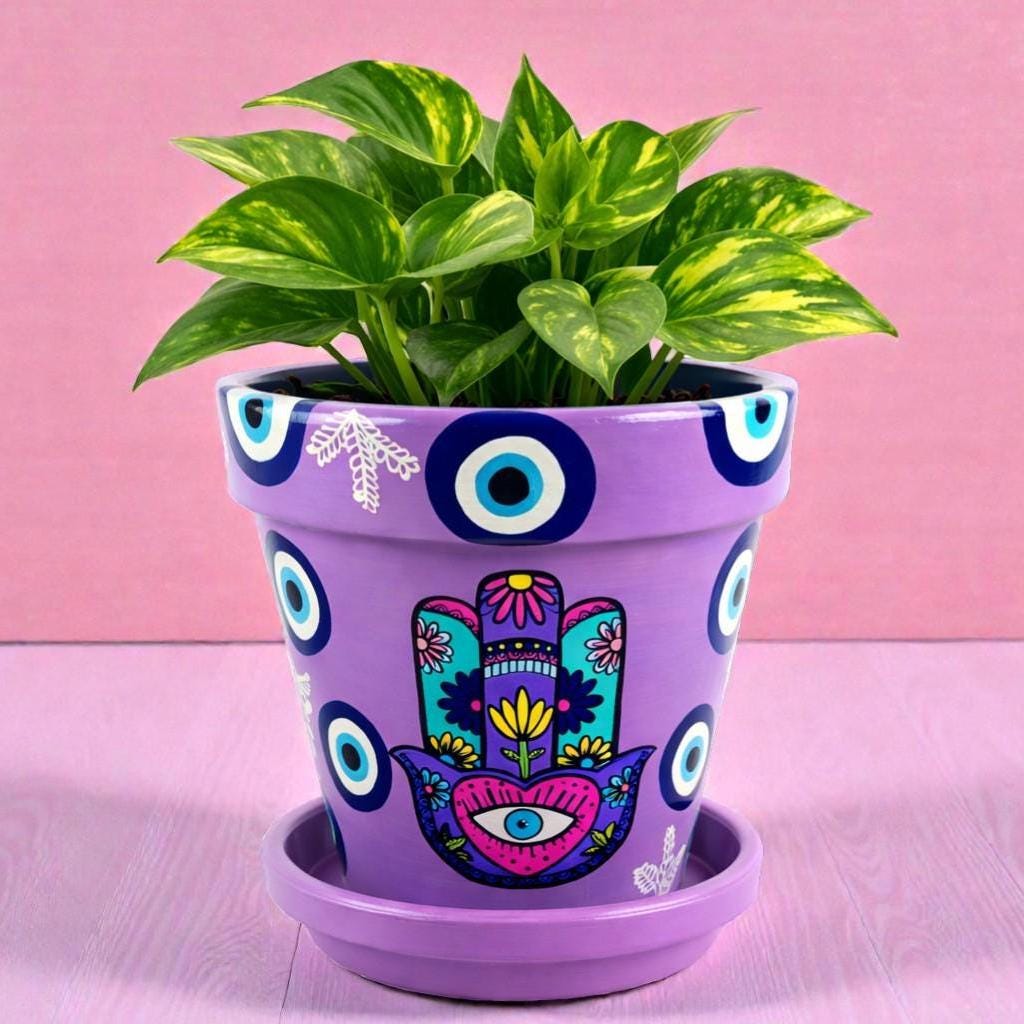 Hand-painted Evil Eye Terracotta Planter – Hamsa Hand Planter – Purple ...