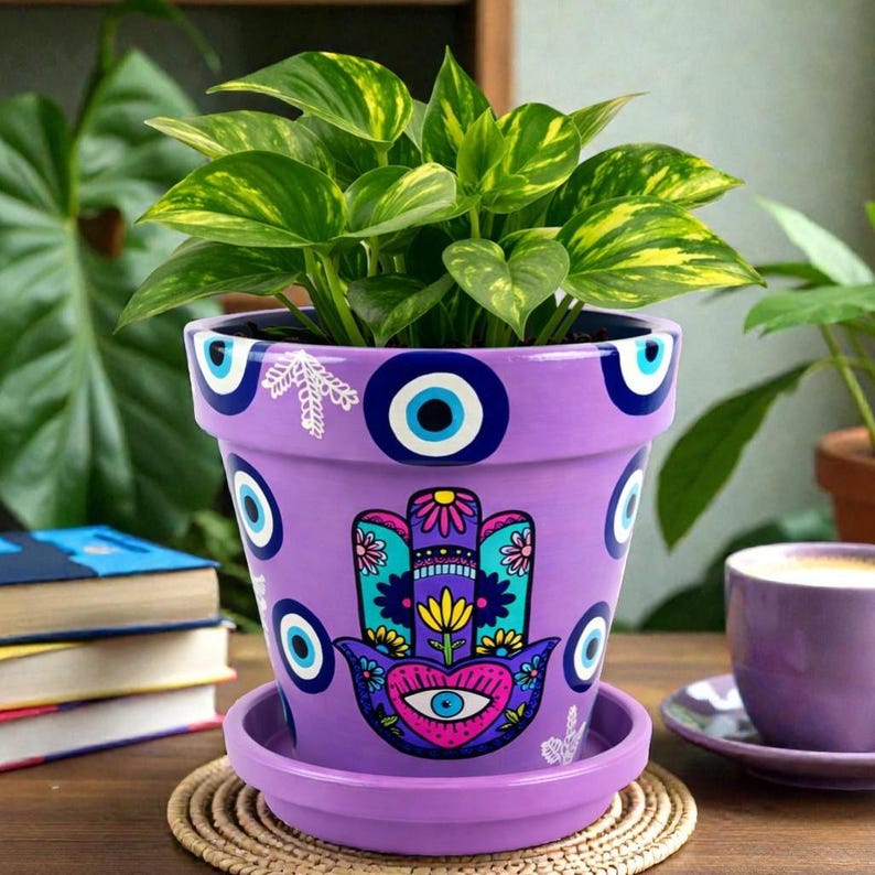 Hand-painted Evil Eye Terracotta Planter – Hamsa Hand Planter – Purple ...