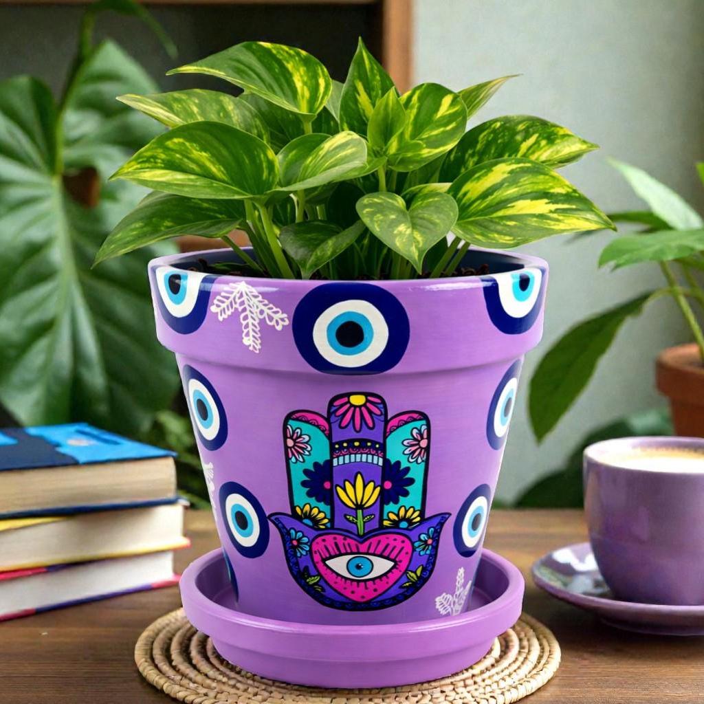 Hand-painted Evil Eye Terracotta Planter – Hamsa Hand Planter – Purple ...