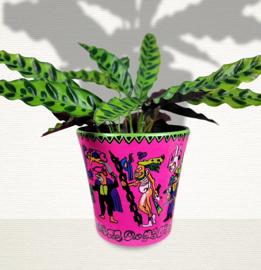 Hand-painted Pink Mayan Plant Pot- Mexican Art Decor - Etsy