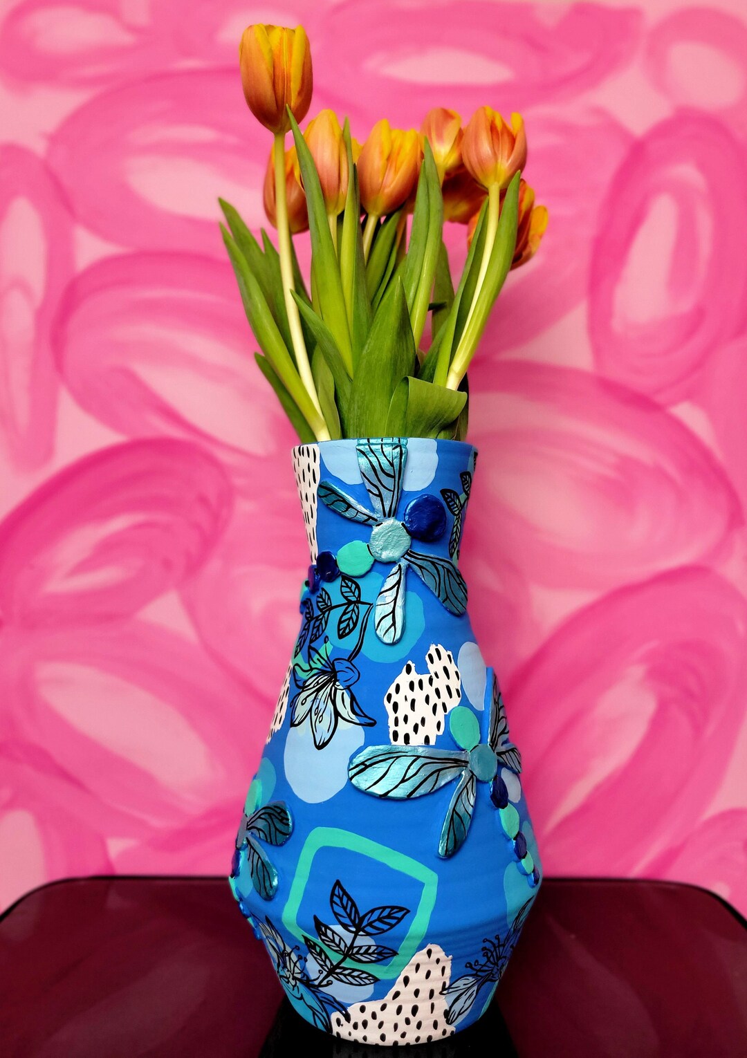 3D Dragonflies Terracotta Vase. Flower Vase. Handpainted libelulas in ...