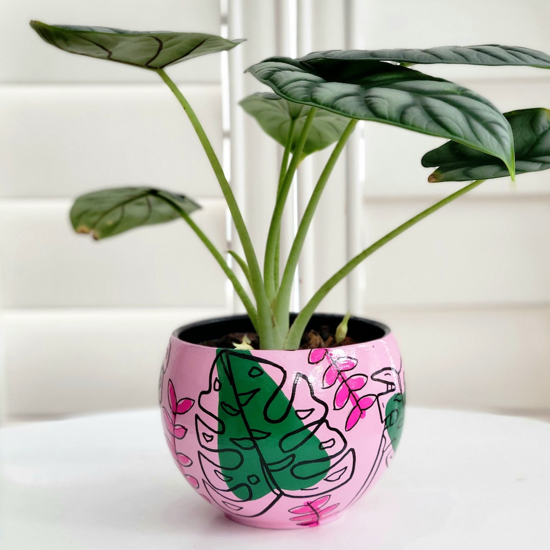 Pink Monstera Plant Pot. Round Planter. Handpainted Pot "pink Monstera ...