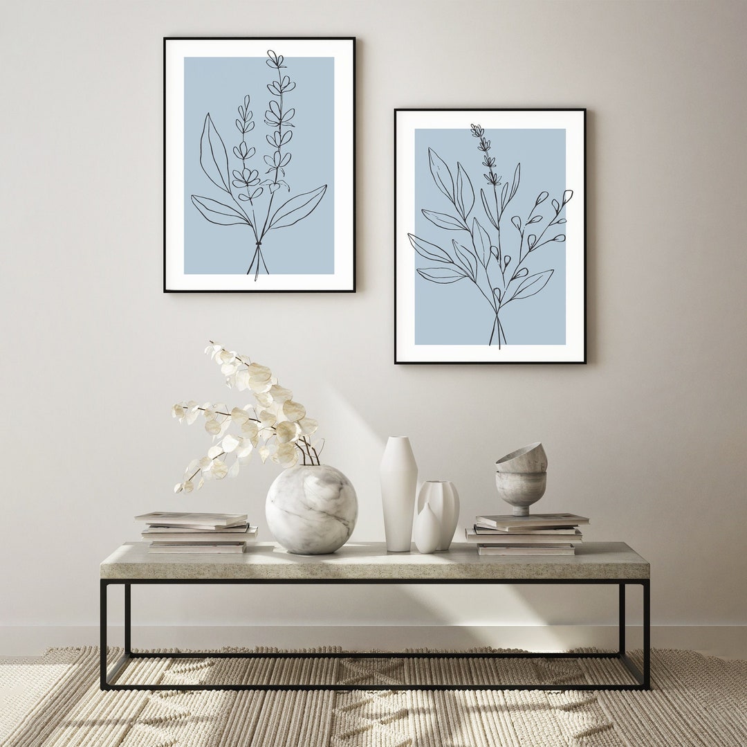 Set of Two Prints, Blue Prints, Blue Wall Art, Floral Prints, Flower ...