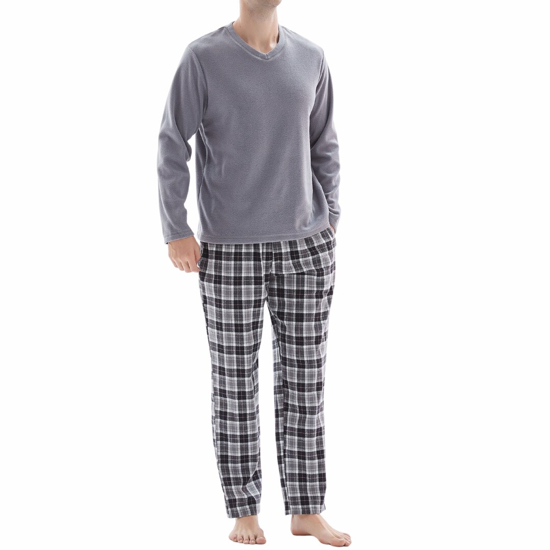 Saneshoppe Men's Pyjamas Set Thermal Fleece Top, Cotton Check ...