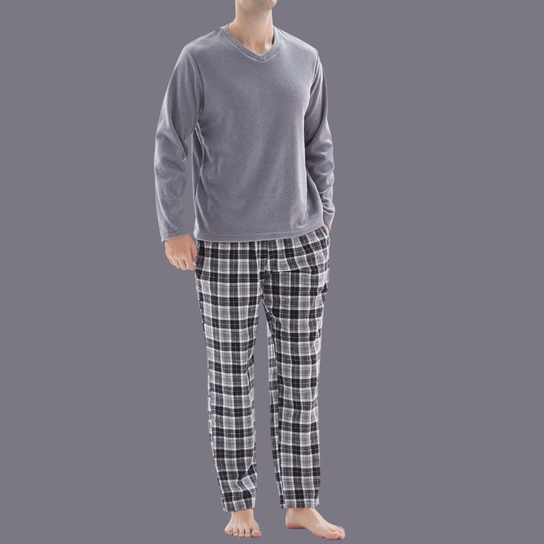 Saneshoppe Men's Pyjamas Set Thermal Fleece Top, Cotton Check ...
