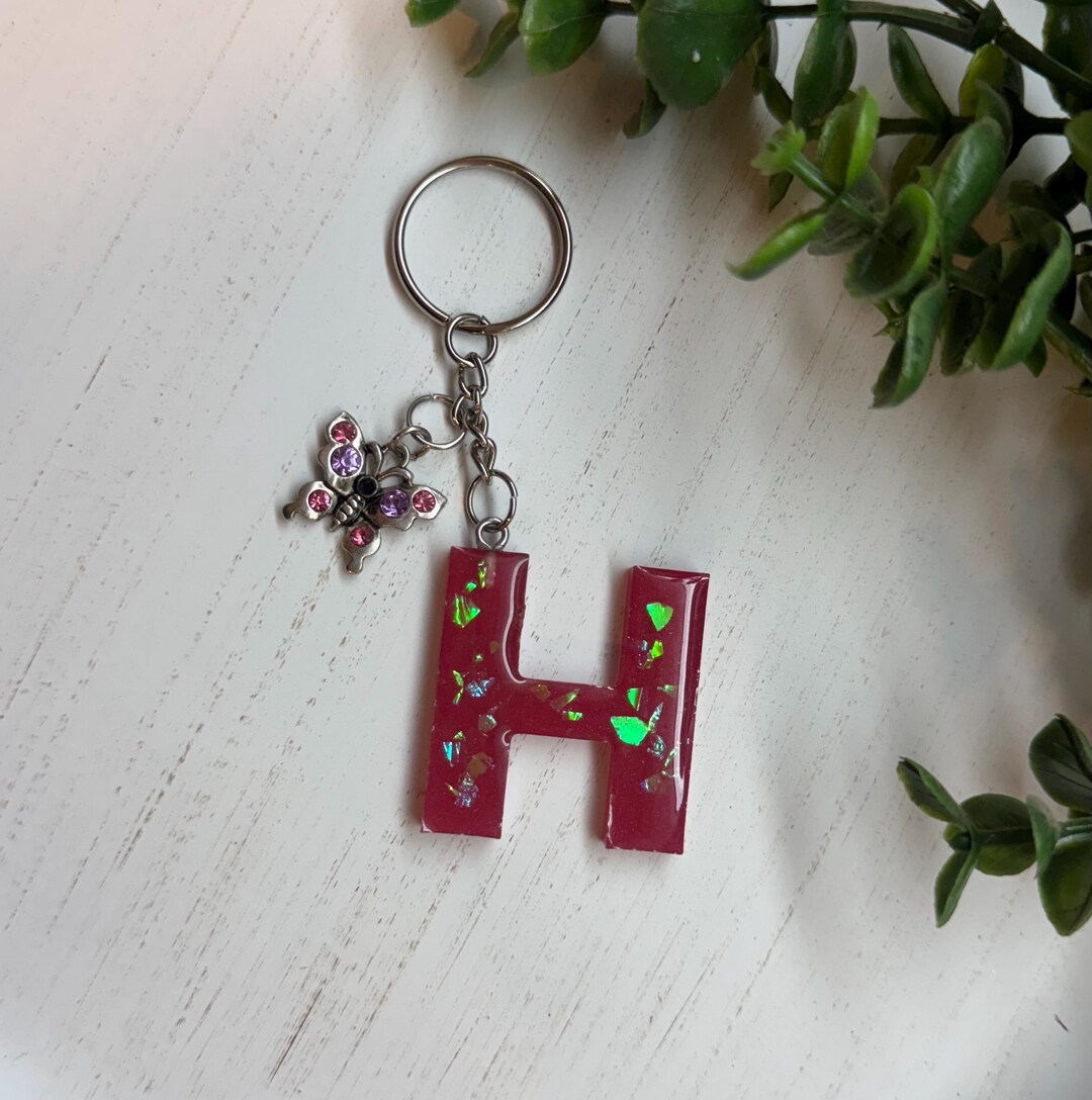 Handmade Resin Keychain Letter H, Butterfly Charm - Etsy