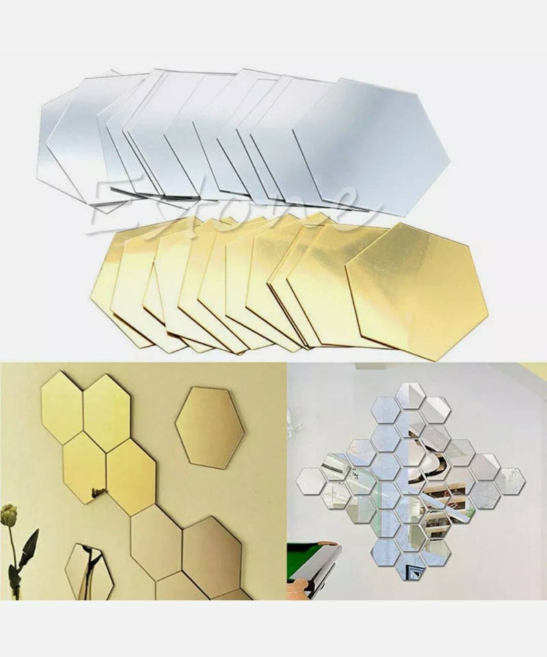 3d 12pcs Hexagon Silver Or Gold Mirror Wall Sticker Decal Etsy