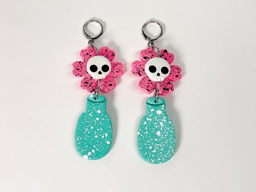 Skull Flower in Vase Earrings Pink Flower With Teal Summer Goth Spooky ...