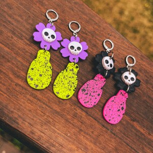 Skull Flower in Vase Earrings Pink Flower With Teal Summer Goth Spooky ...
