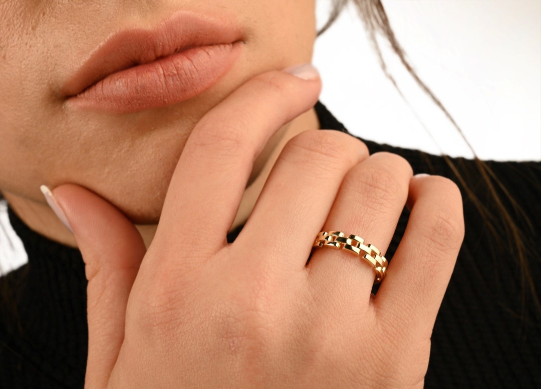 Unique Rectangle Linked Stackable Ring, 14k Gold Rectangle Ring, Dainty ...