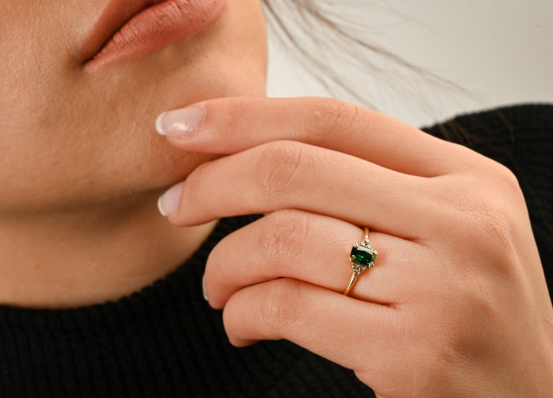 Unique 14k Stacking Emerald Ring, 14k Gold Dainty Emerald Ring, Emerald ...