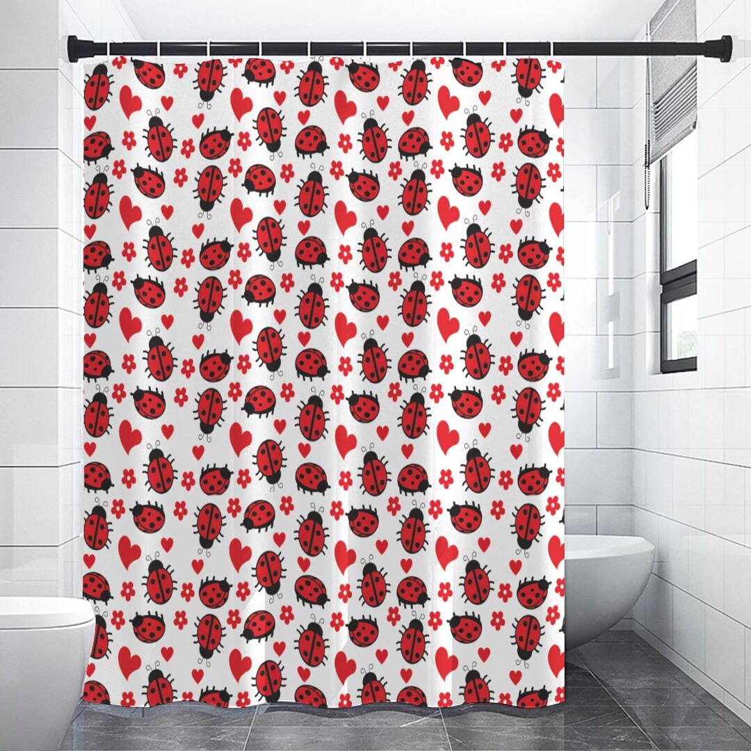 White Shower Curtain With Red Ladybug Prints, Perfect for a Cheerful ...
