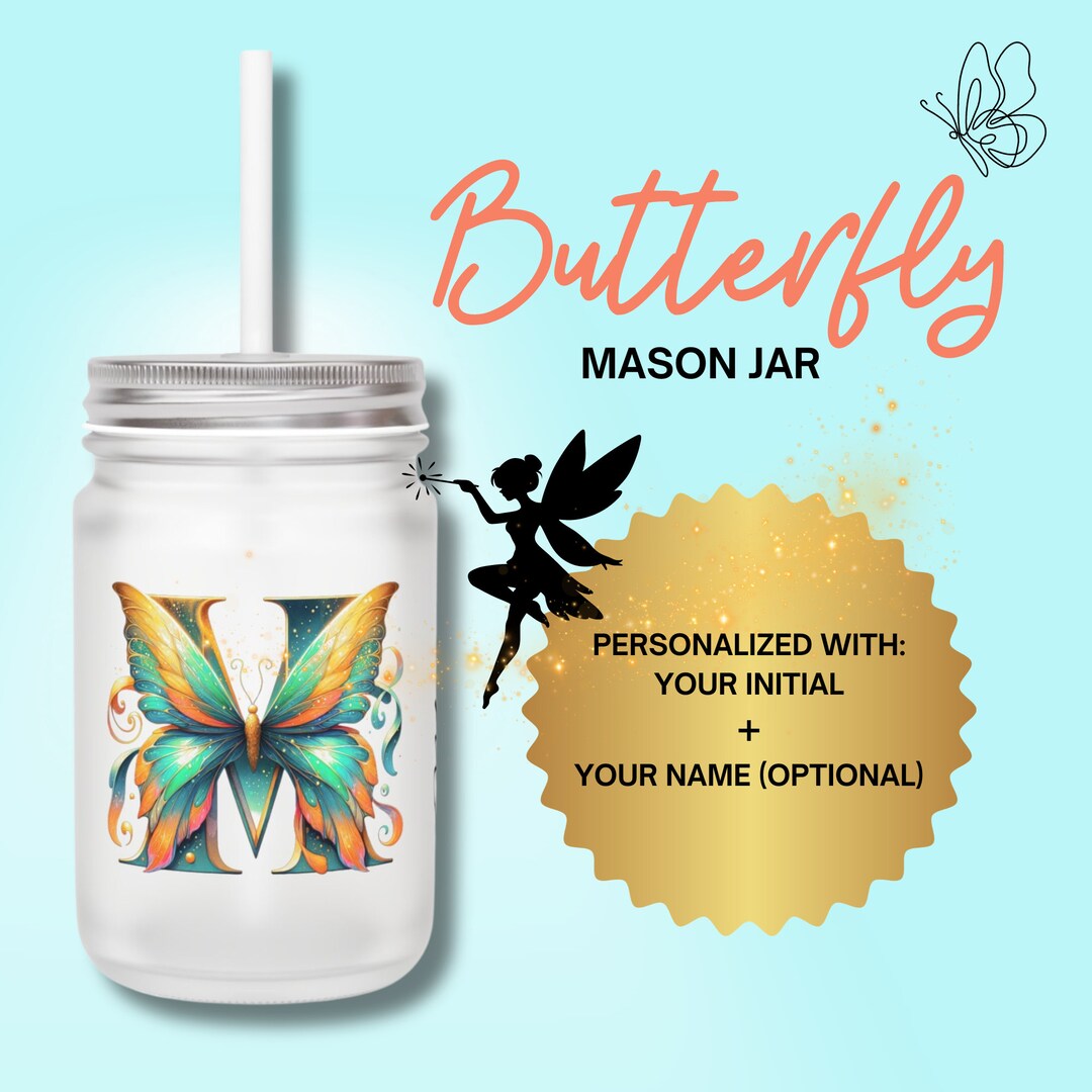 Personalized Mason Jar With Your Initial, Gift for Butterflies Lover ...