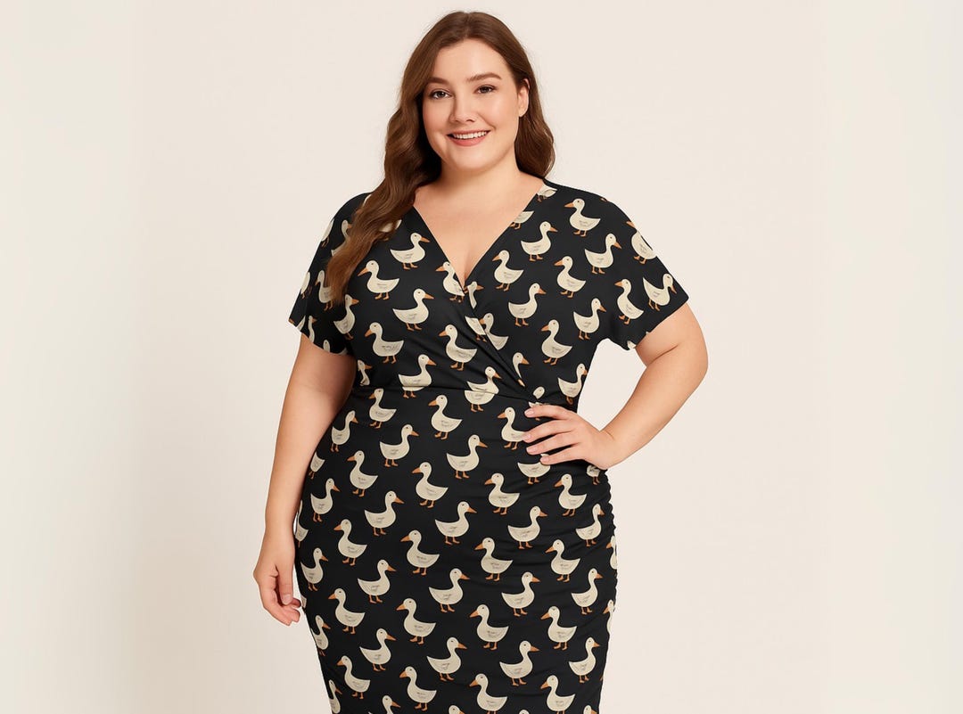 Duck Print V-neck Pleated Plus Size Dress, Novelty Animal Dress ...