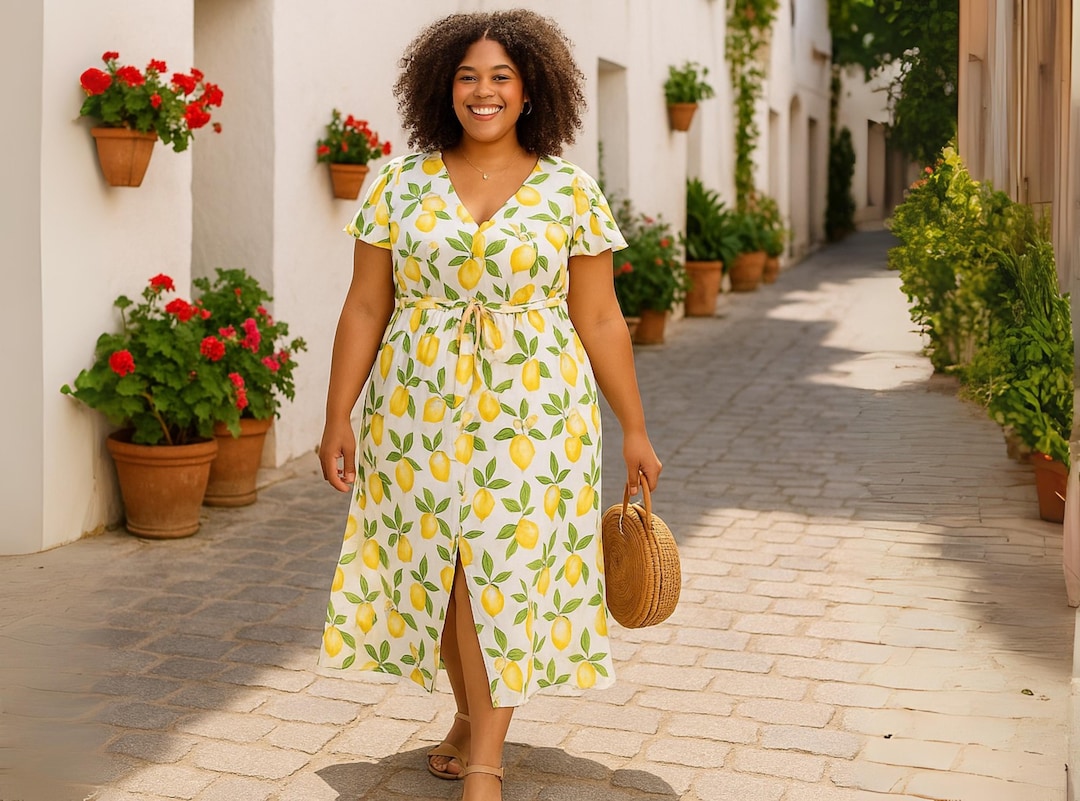 Plus Size Lemon Print Maxi Dress – White & Yellow, Relaxed Fit With ...
