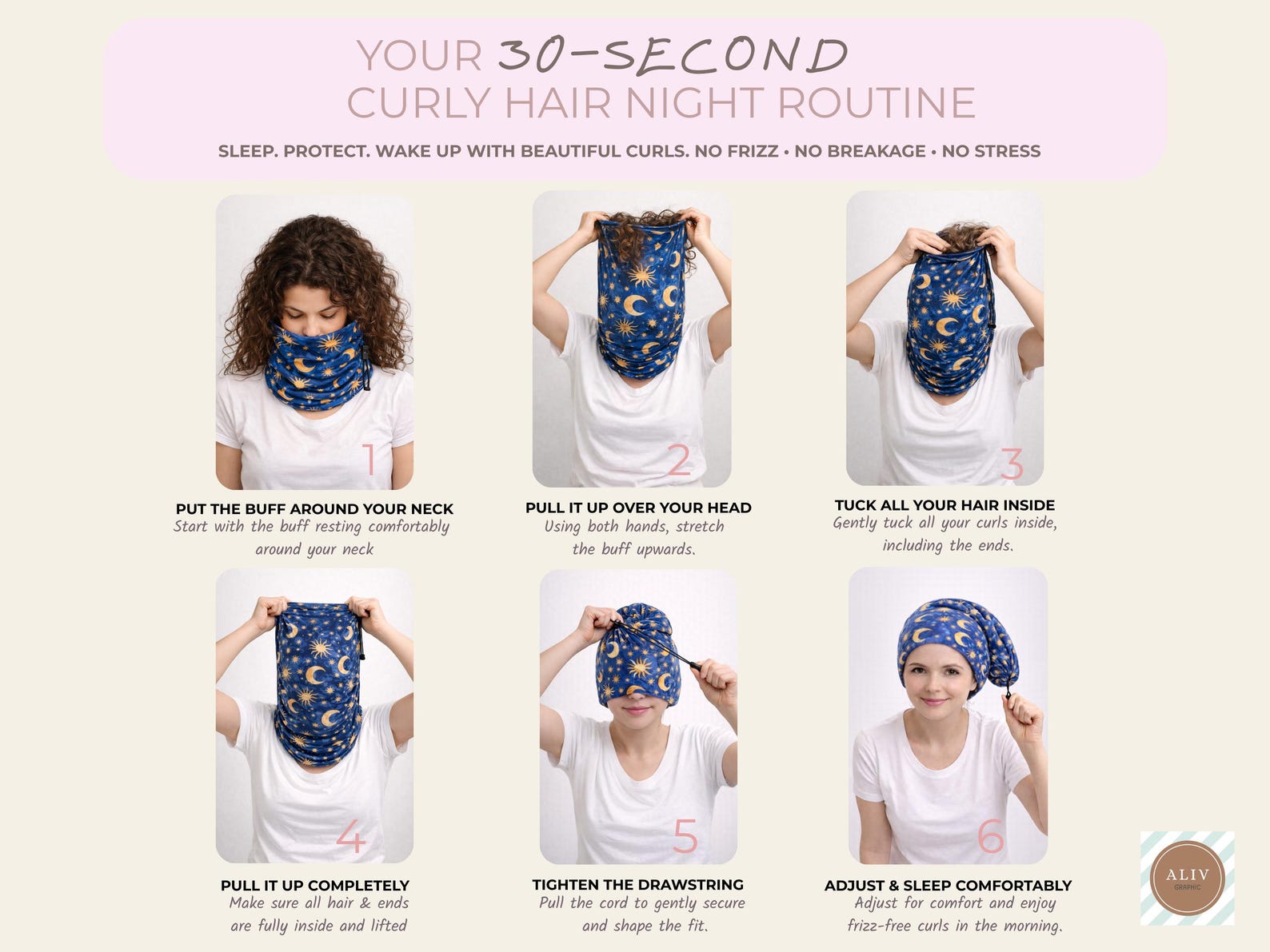 Pastel Colors Curly Hair Buff/sleep Cap With Adjustable Drawstring ...