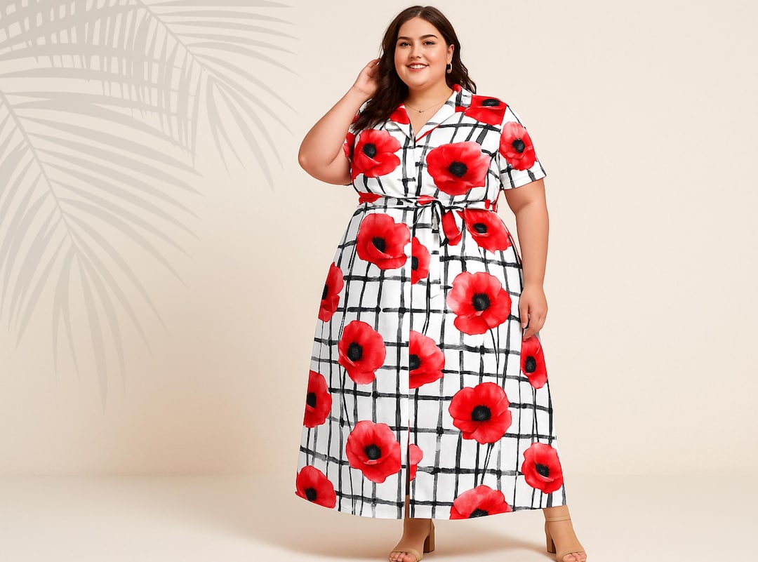 Plus Size Poppy Print Shirt Dress – Red Flowers on Black Grid, Relaxed ...