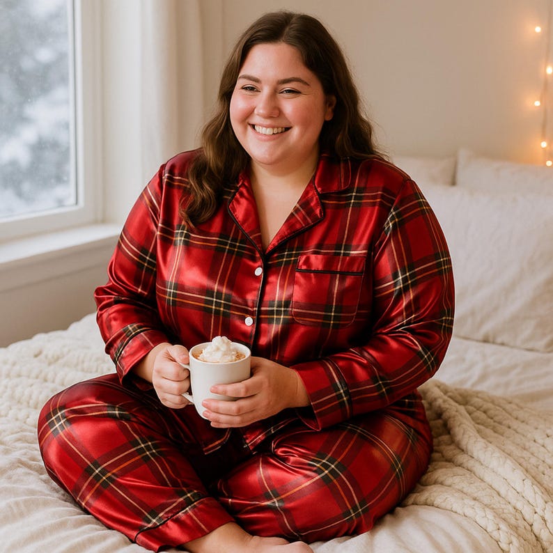 Personalized Red Satin Plaid Pajama Plus Size | Curvy Christmas ...