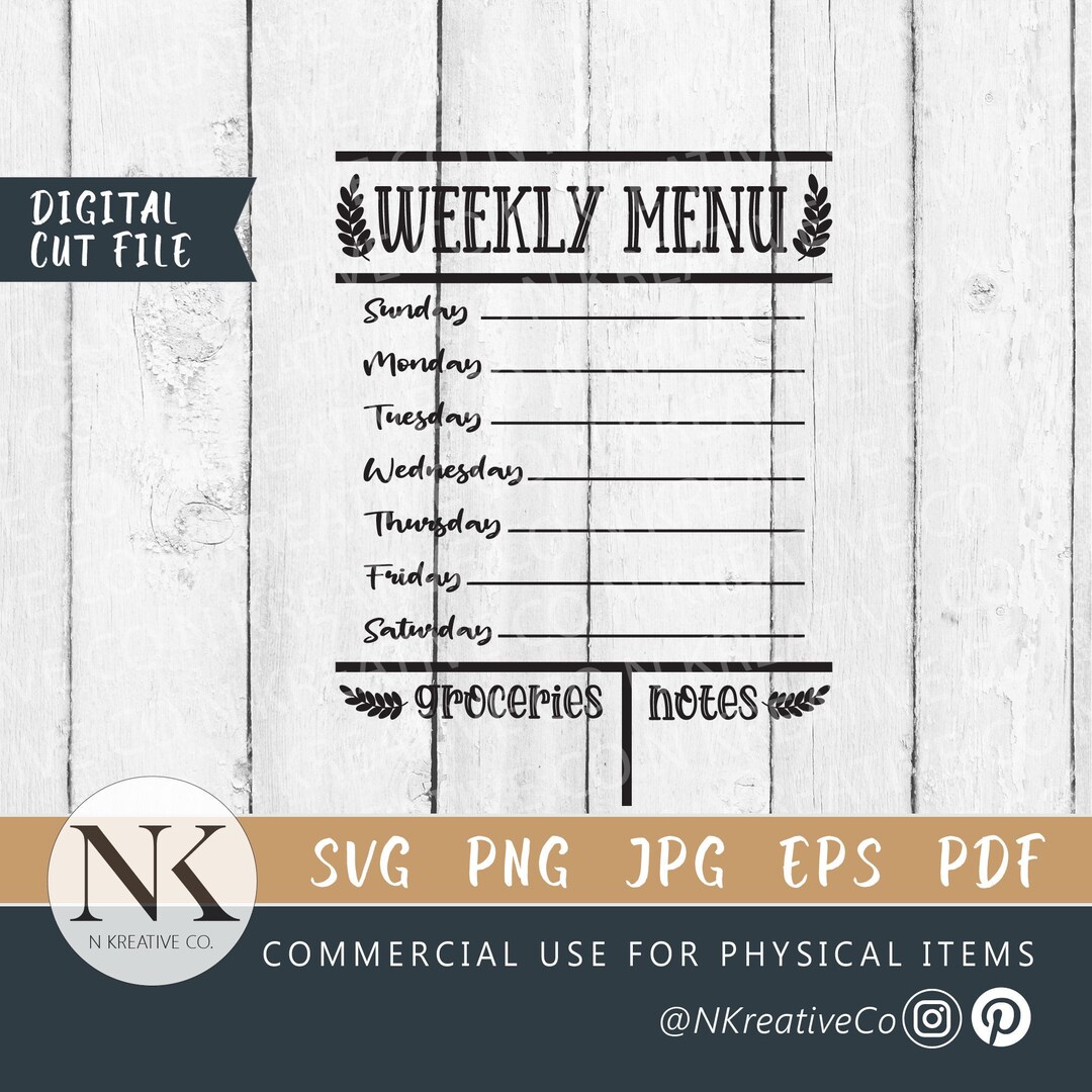 Weekly Menu SVG | Menu Board SVG | Meal Planner Svg | Kitchen SVG | Dry ...