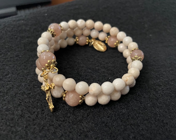 Rosary Bracelet Wrap Around: Cream Ivory Jasper, Light Tan Jade Beads ...