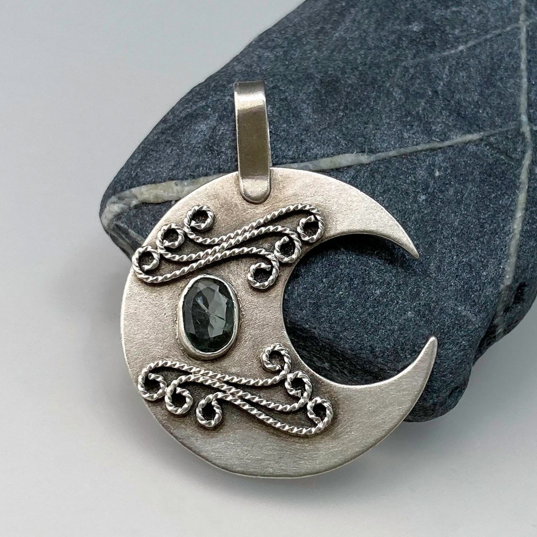 Crescent Moon Pendant With Seafoam Tourmaline & Filigree Waves - Etsy