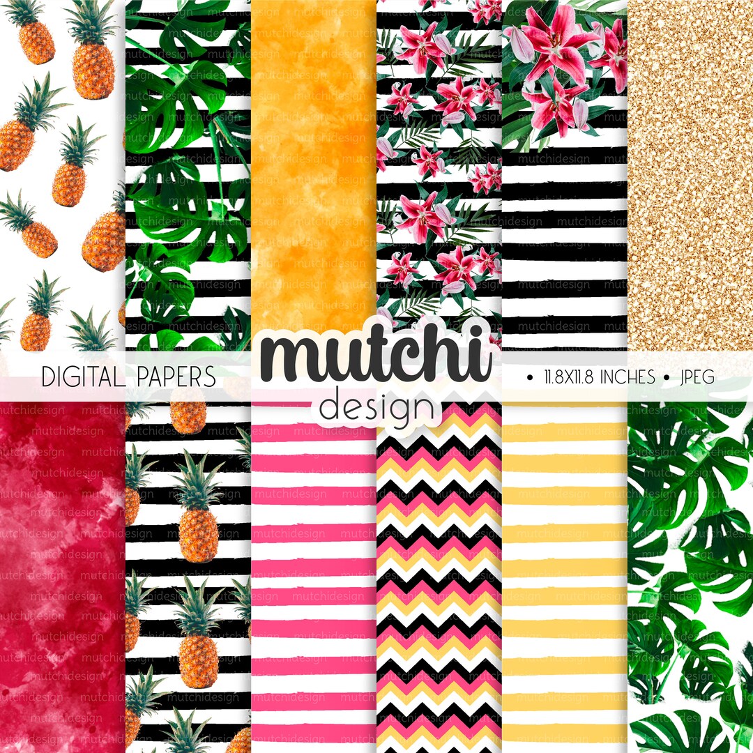 Tropical Digital Papers, Pineapples, Chevron, Tropical, Summer, Exotic ...