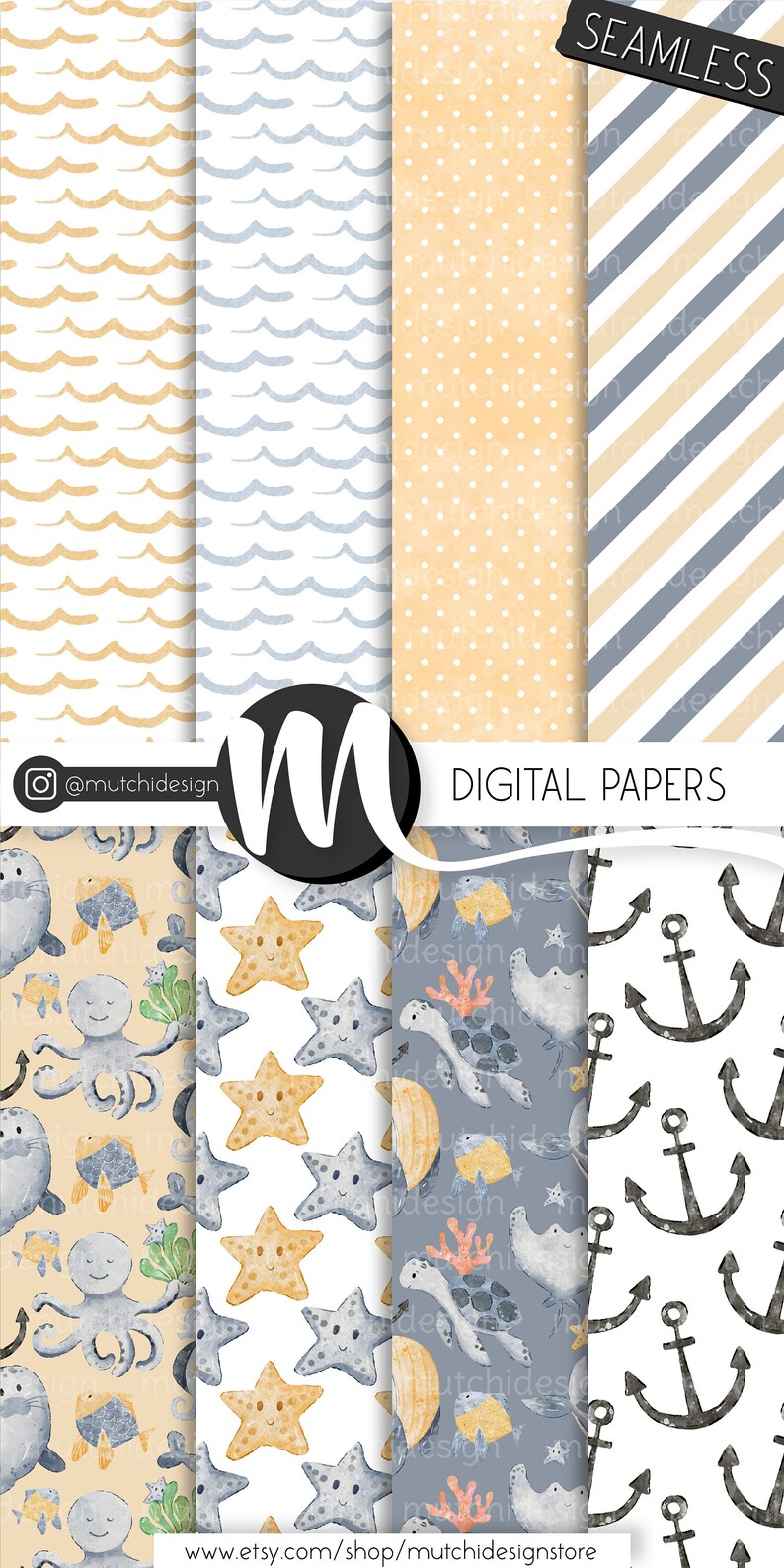 Under the Sea Digital Paper Set Watercolor Sea Animals Cute - Etsy