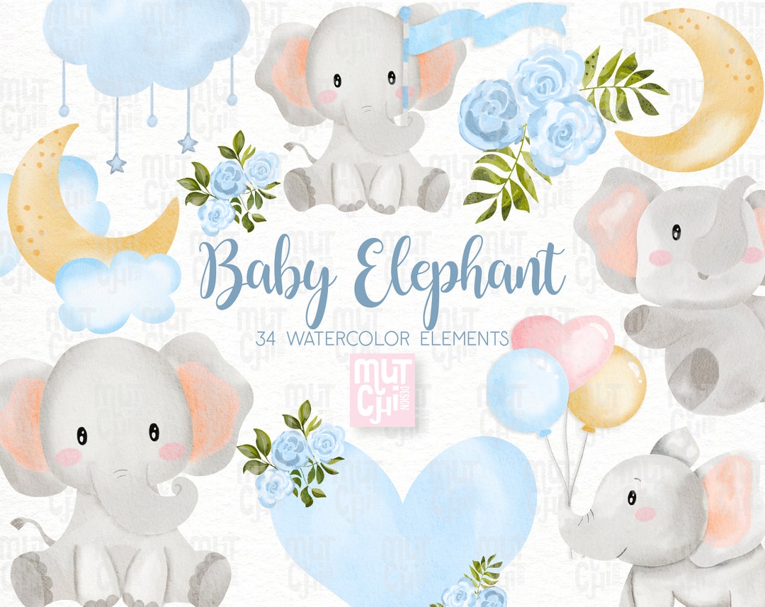 Baby Elephant Clipart, Blue Watercolor Elephant PNG, Safari Jungle ...