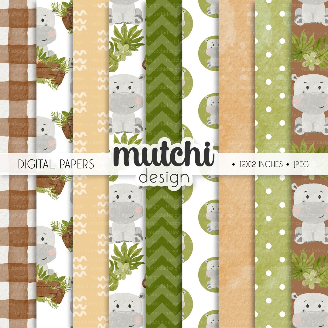 Hippopotamus Safari Digital Papers, Jungle, Animals, Seamless Patterns ...