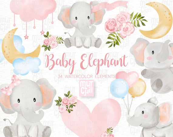 Baby Elephant Clipart Pink Watercolor Elephant PNG Safari - Etsy