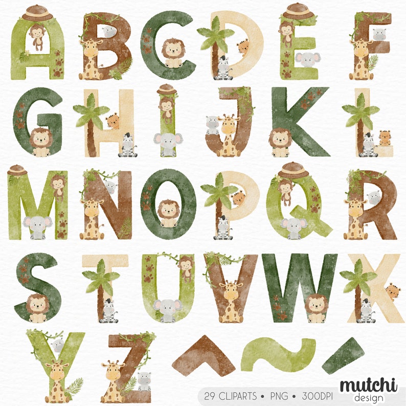 Safari Alphabet Clipart, Watercolor Jungle Letters (digital Clipart) - Etsy