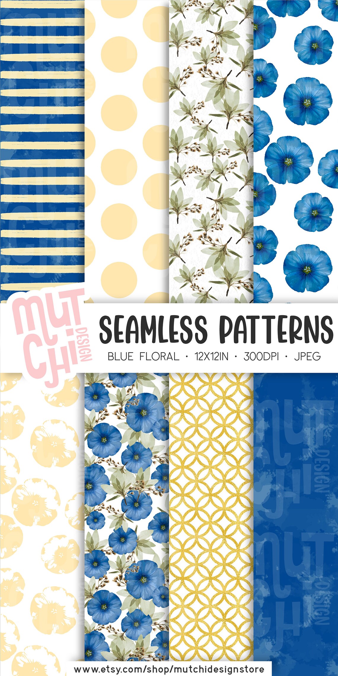 Blue Floral Watercolor Digital Paper Set JPG Digital | Etsy