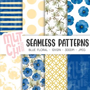 Blue Floral Watercolor Digital Paper Set, JPG, Digital, Romantic ...