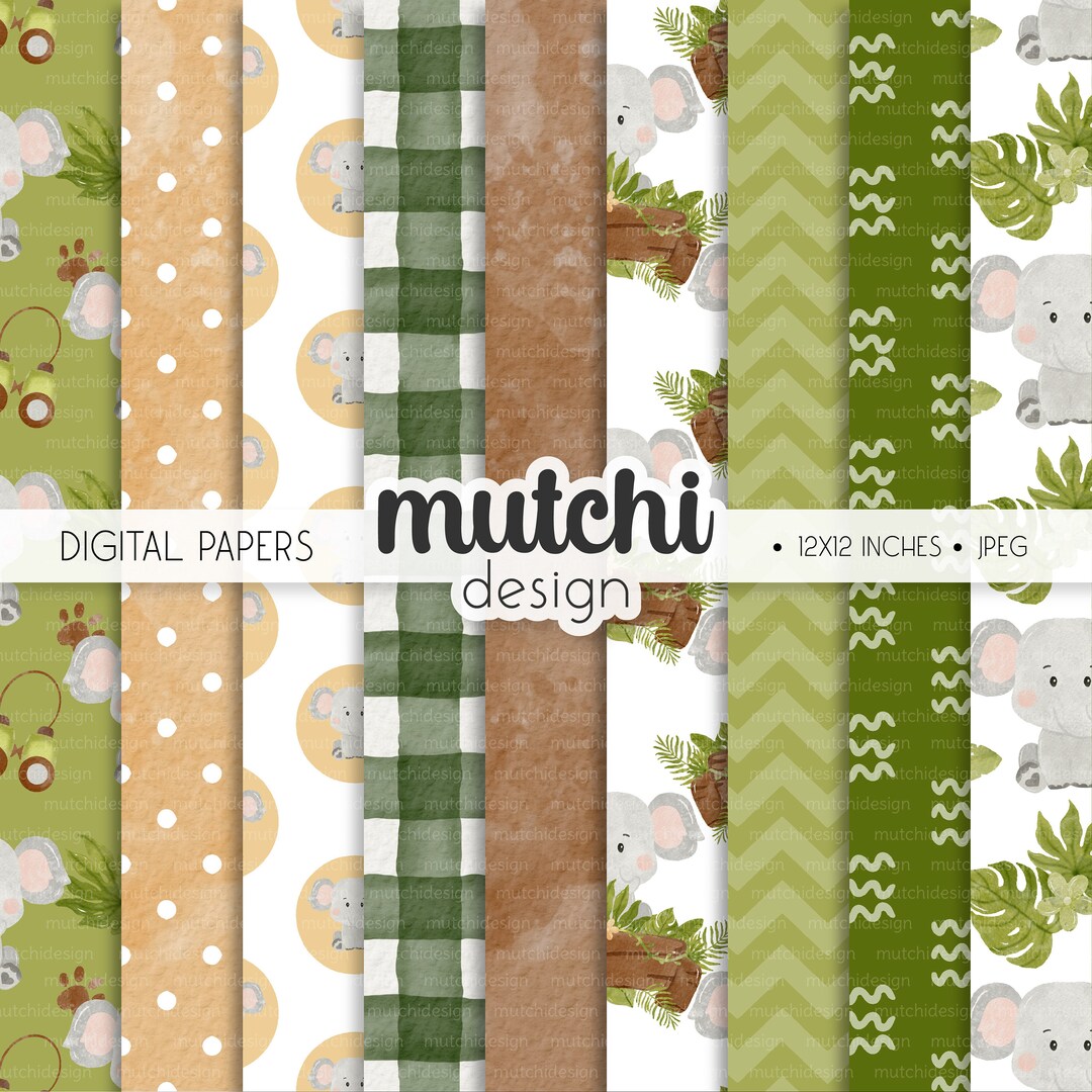 Elephant Safari Digital Papers, Jungle, Animals, Seamless Patterns ...