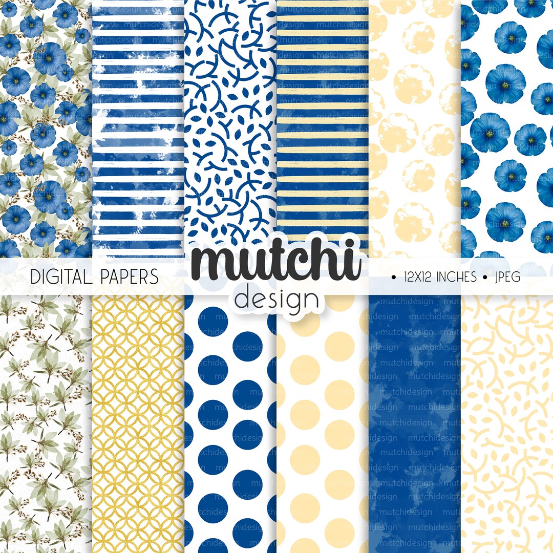 Blue Floral Watercolor Digital Paper Set, JPG, Digital, Romantic ...