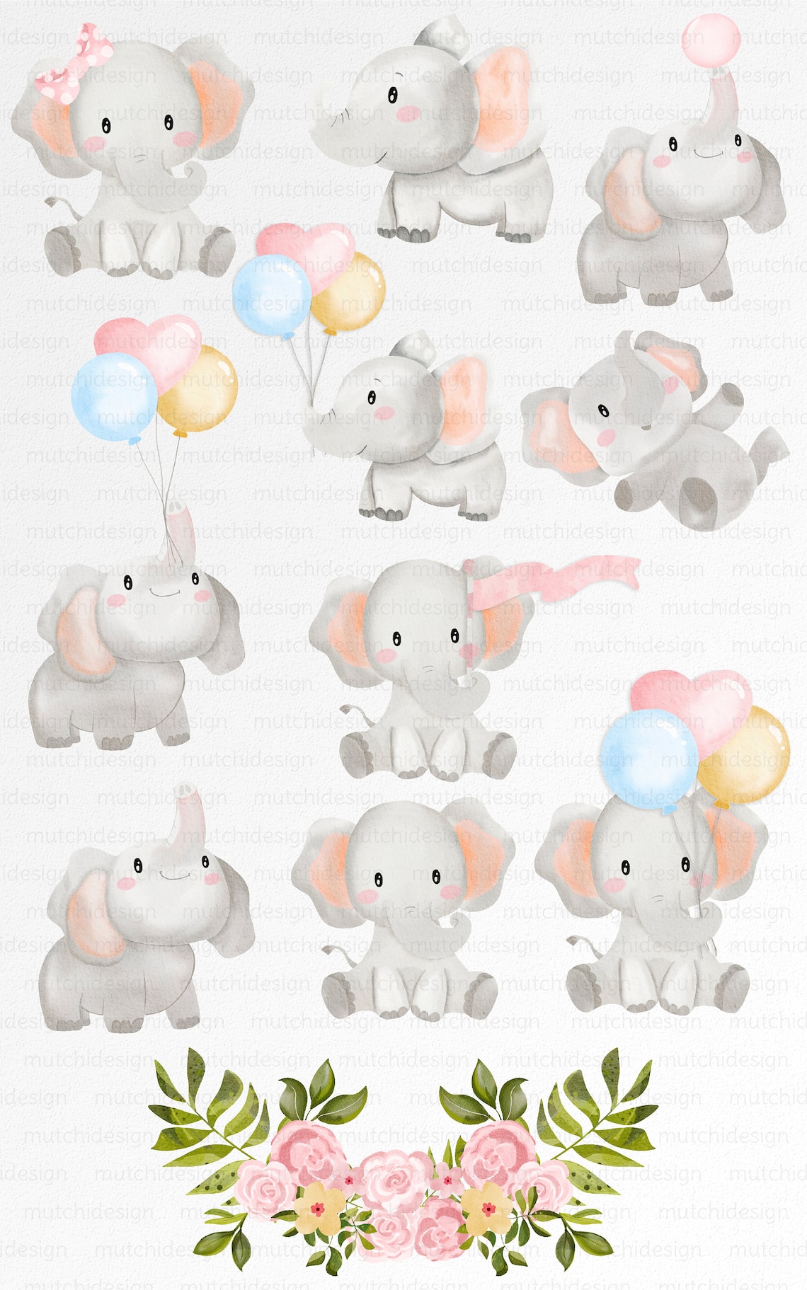 Pink Watercolor Baby Elephant Clipart, Nursery Art PNG (digital ...