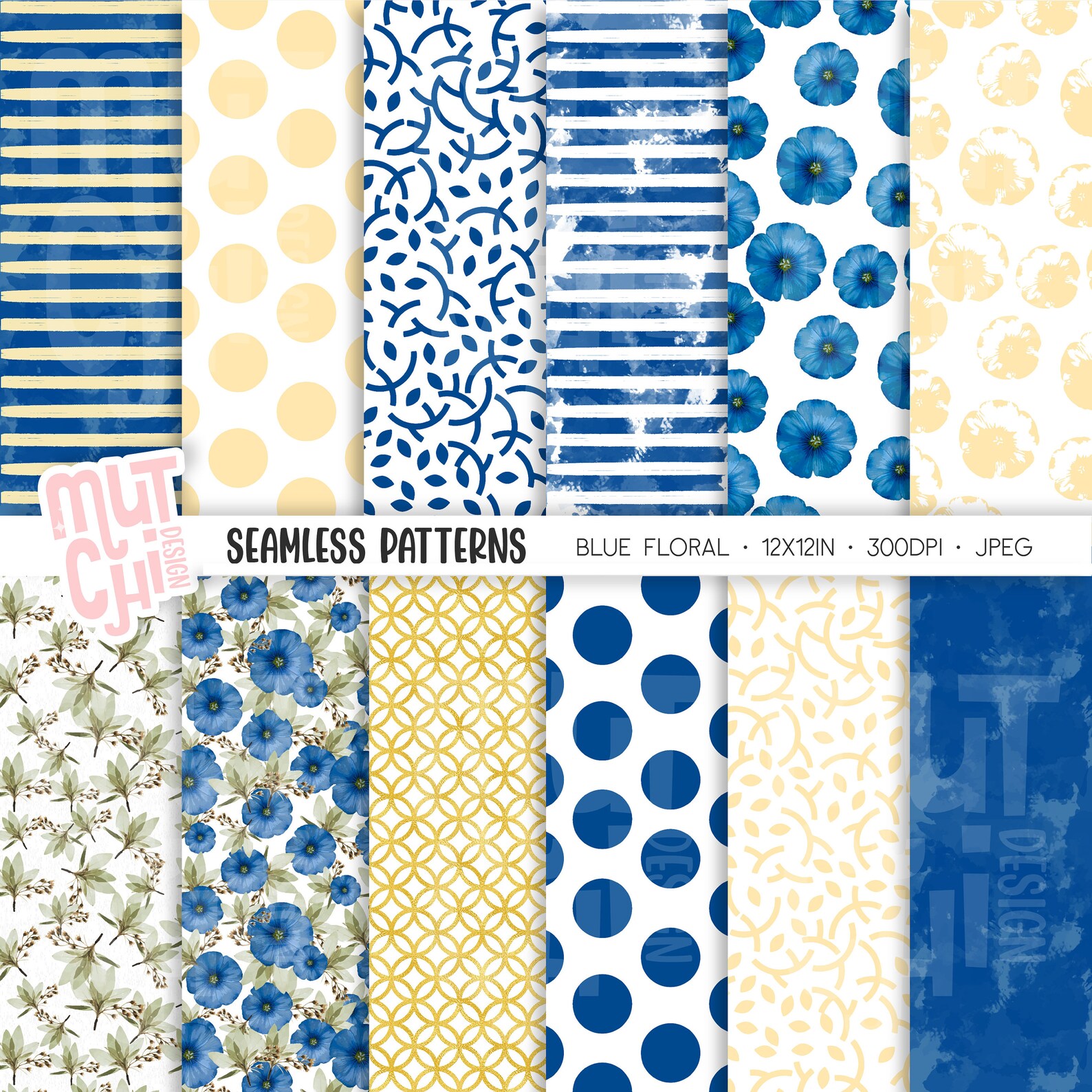 Blue Floral Watercolor Digital Paper Set JPG Digital | Etsy
