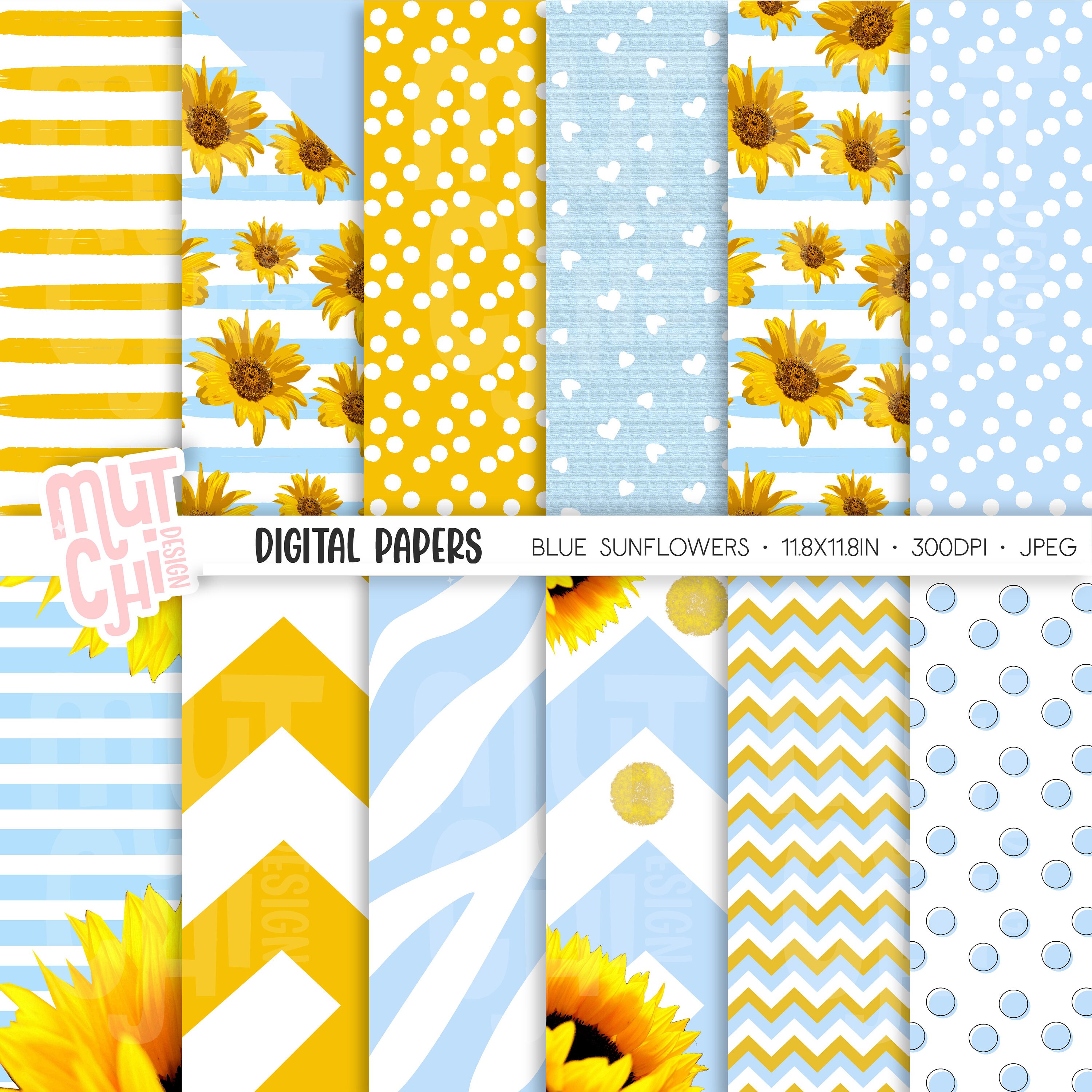 Sunflower Digital Paper Set Digital Flower graphics Blue | Etsy
