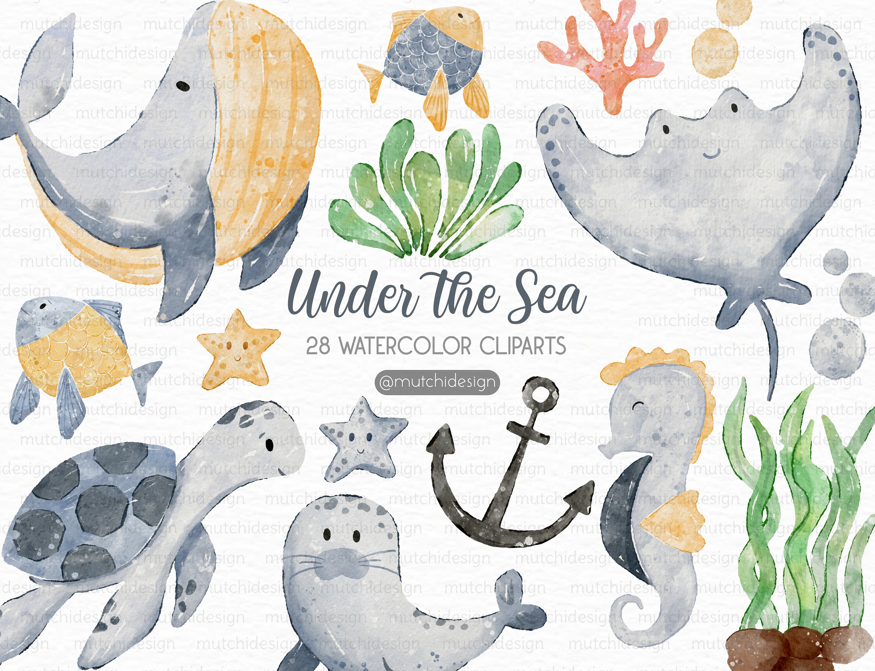 Under the Sea Clip Arts Watercolor Sea Animals Cute - Etsy