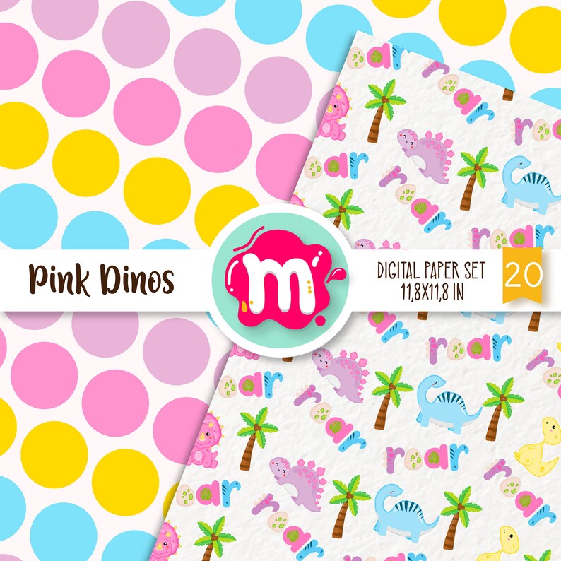 Pink Dinos Digital Paper Set Dinos Backgrounds Dinos | Etsy