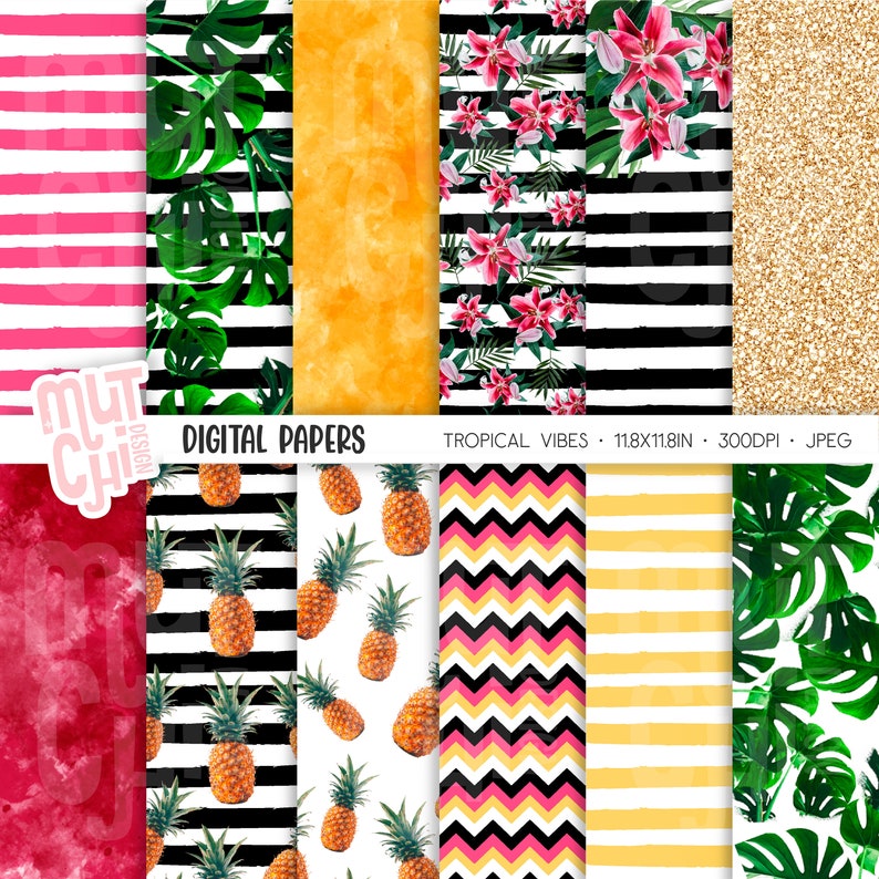 Tropical Digital Papers Pineapples Chevron Tropical | Etsy
