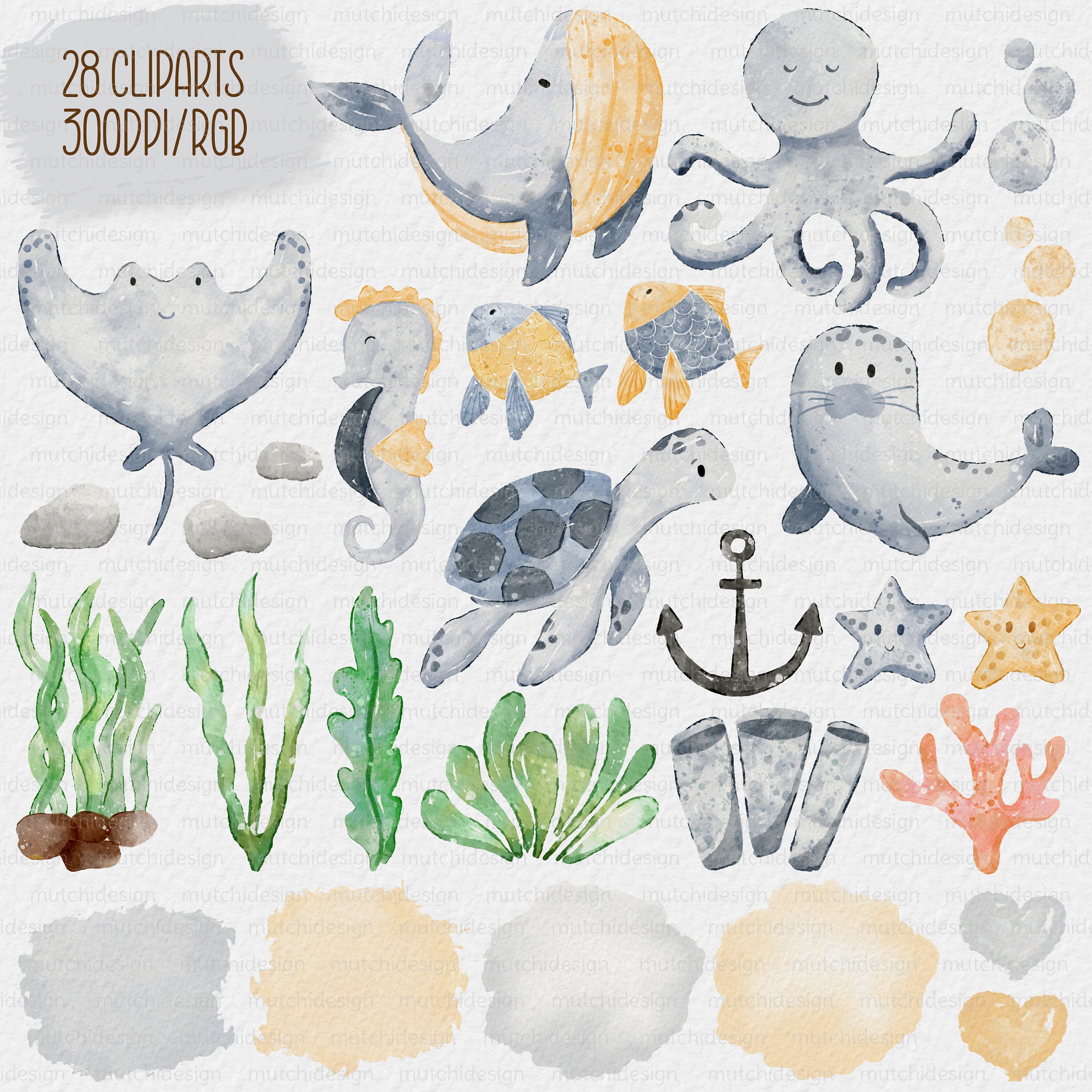 Under the Sea Clip Arts Watercolor Sea Animals Cute - Etsy