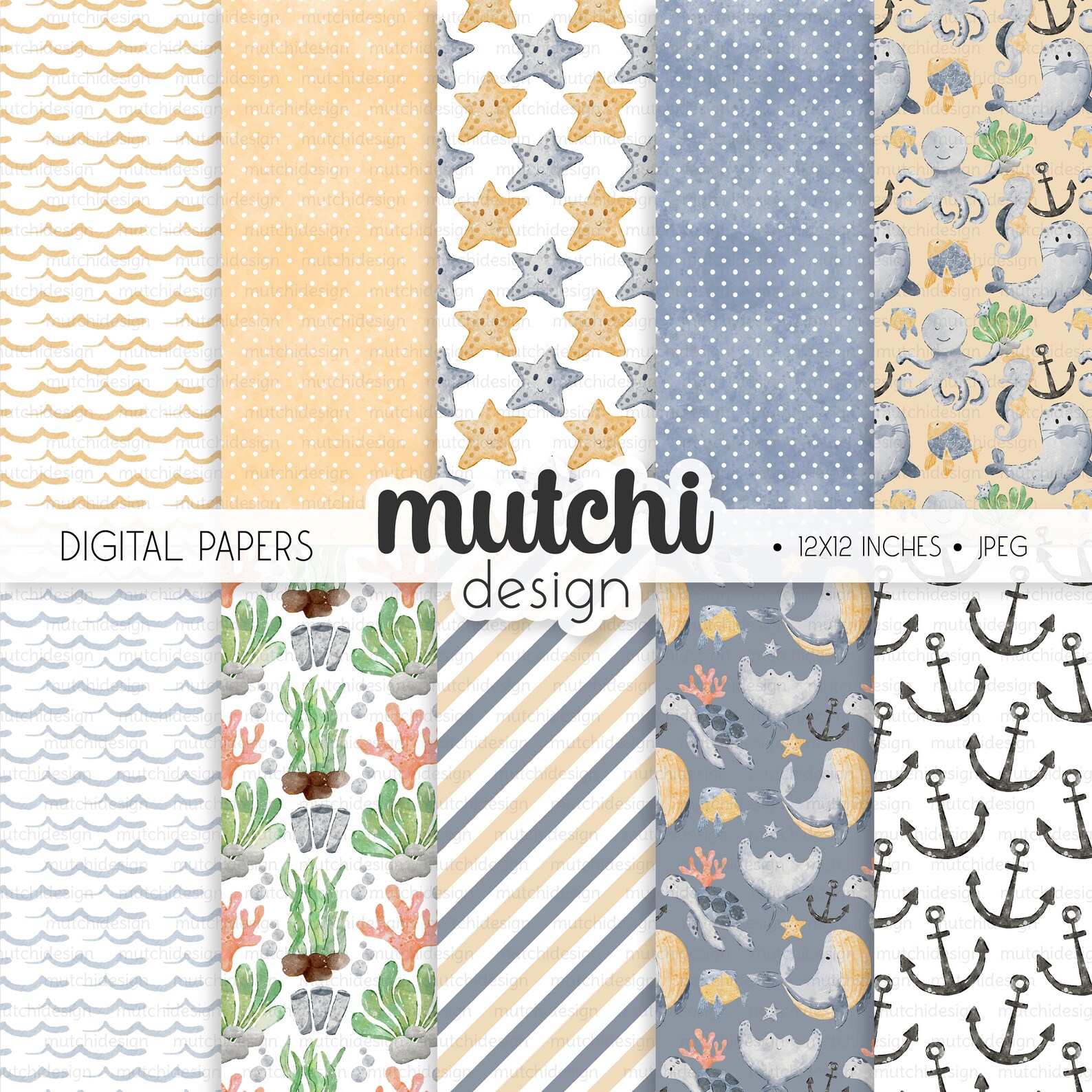 Under the Sea Digital Paper Set Watercolor Sea Animals Cute - Etsy