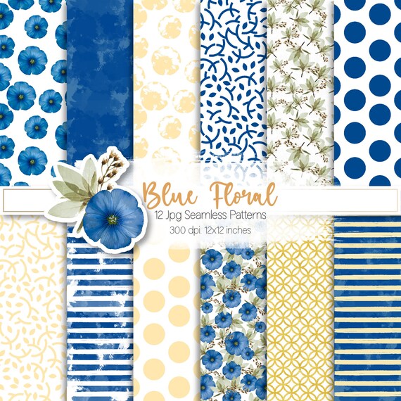 Blue Floral Watercolor Digital Paper Set JPG Digital | Etsy