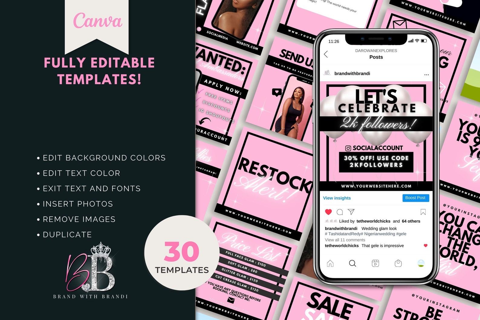Social Media Posts, 30 Editable Instagram Flyers, Pink and Black IG ...