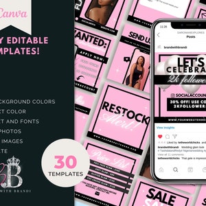 Social Media Posts, 30 Editable Instagram Flyers, Pink and Black IG ...